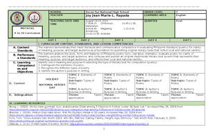 DLL Matatag English 7 Q1 W5 - MATATAG K to 10 Curriculum Weekly Lesson Log School: Grade Level ...