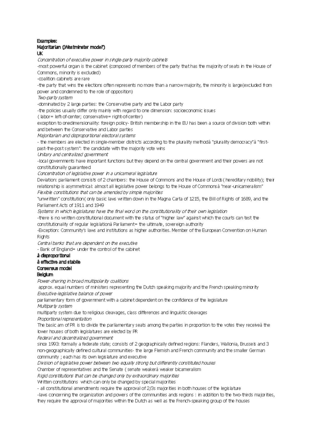 Exam questions + answers - Examples: Majoritarian (‚Westminster model ...