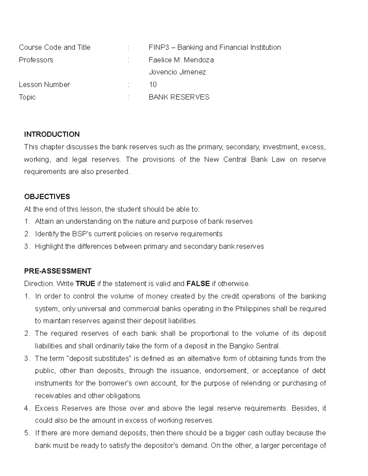 Lesson 10 Bank Reserveshehehehehehehehehehehehehe - Course Code and ...