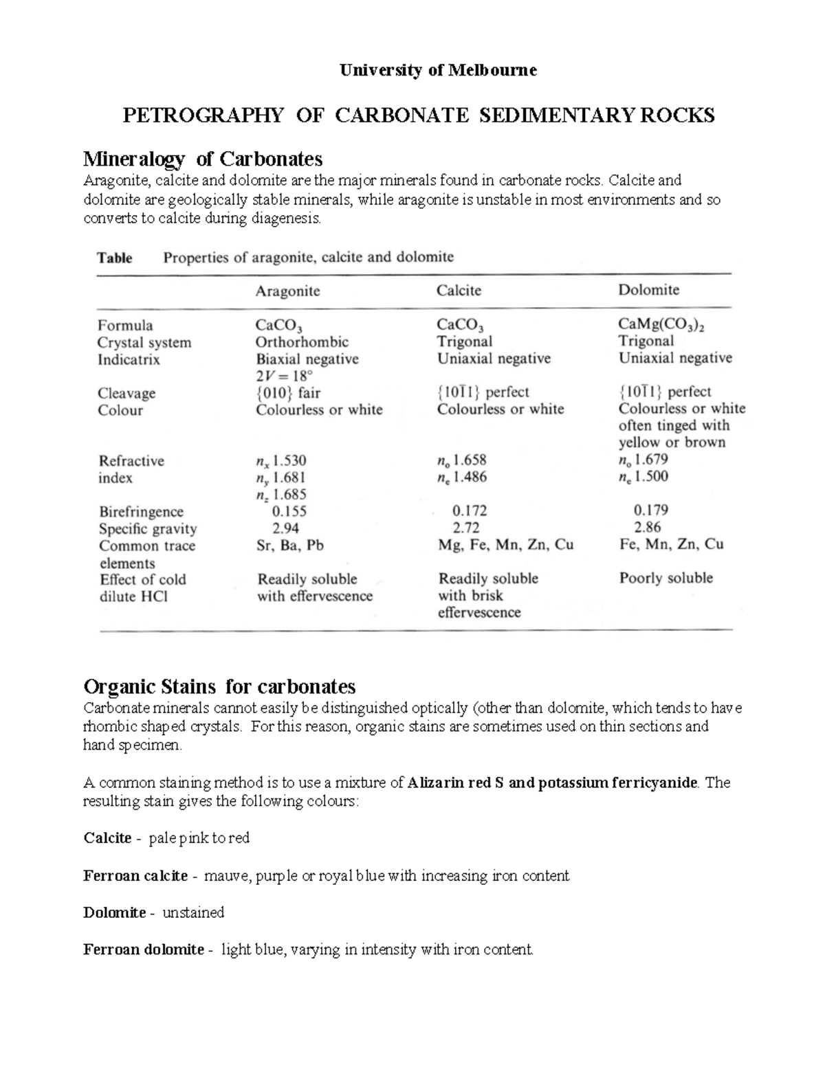 Carbonate petrology handout - University of Melbourne PETROGRAPHY OF ...