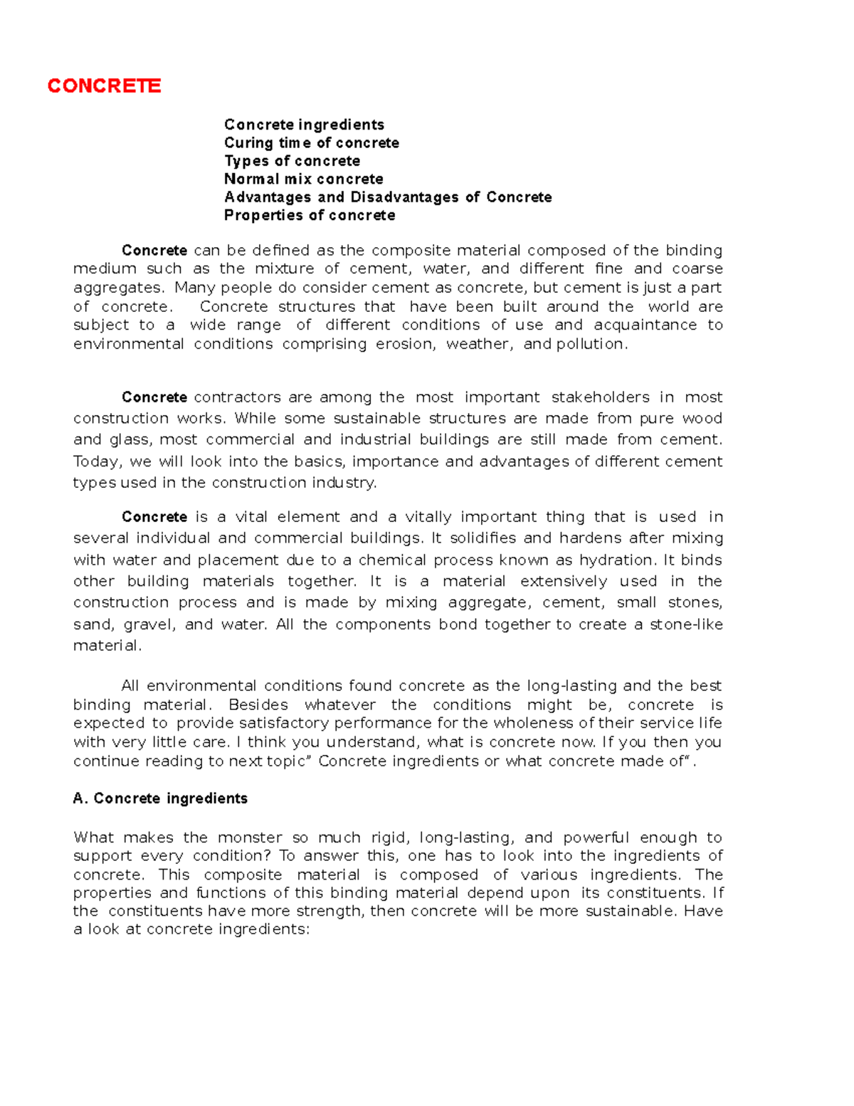 Concrete - CONCRETE Concrete ingredients Curing time of concrete Types ...