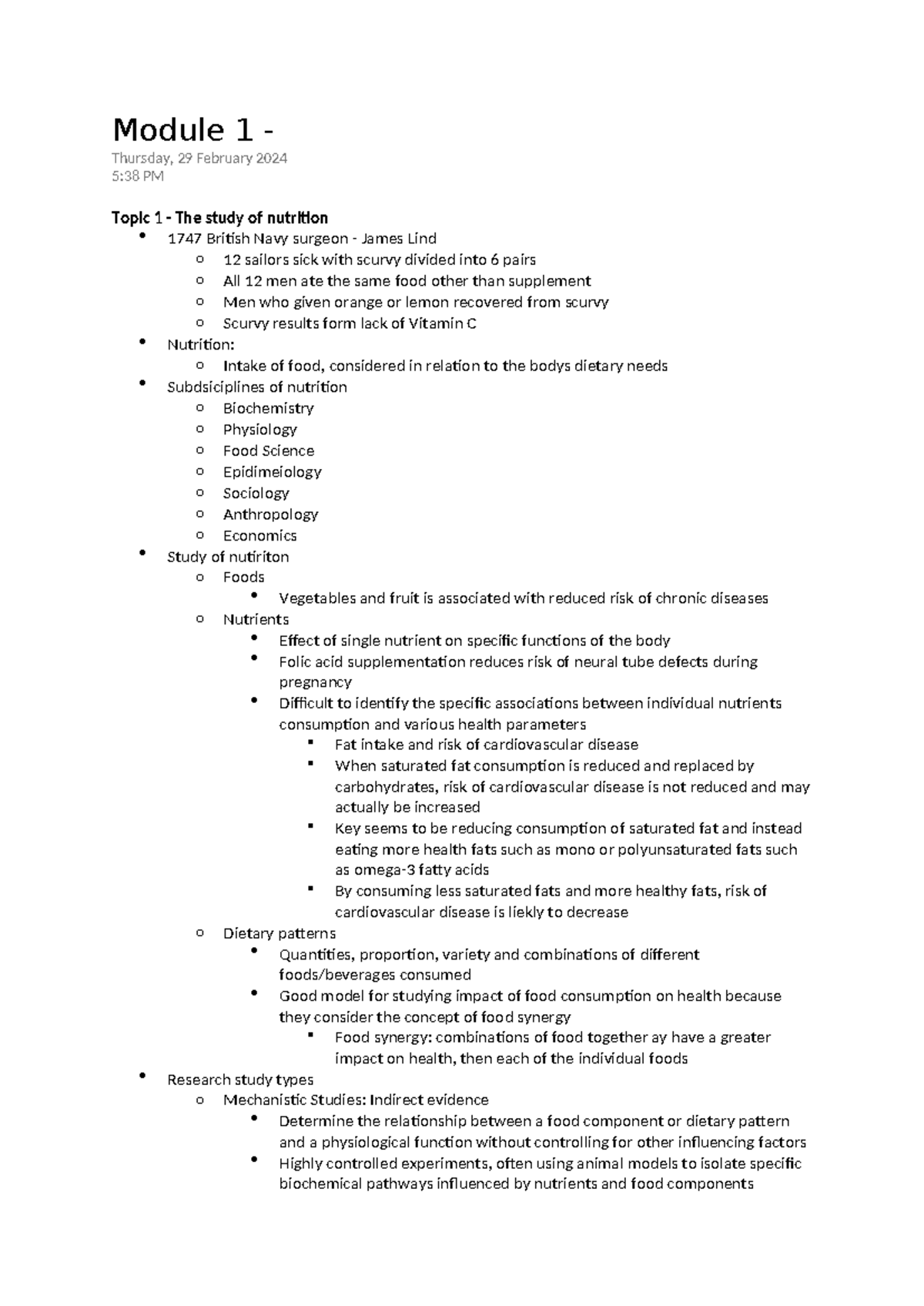NUTR1023 Module 1 - Notes taken from the lecture - Module 1 - Thursday ...