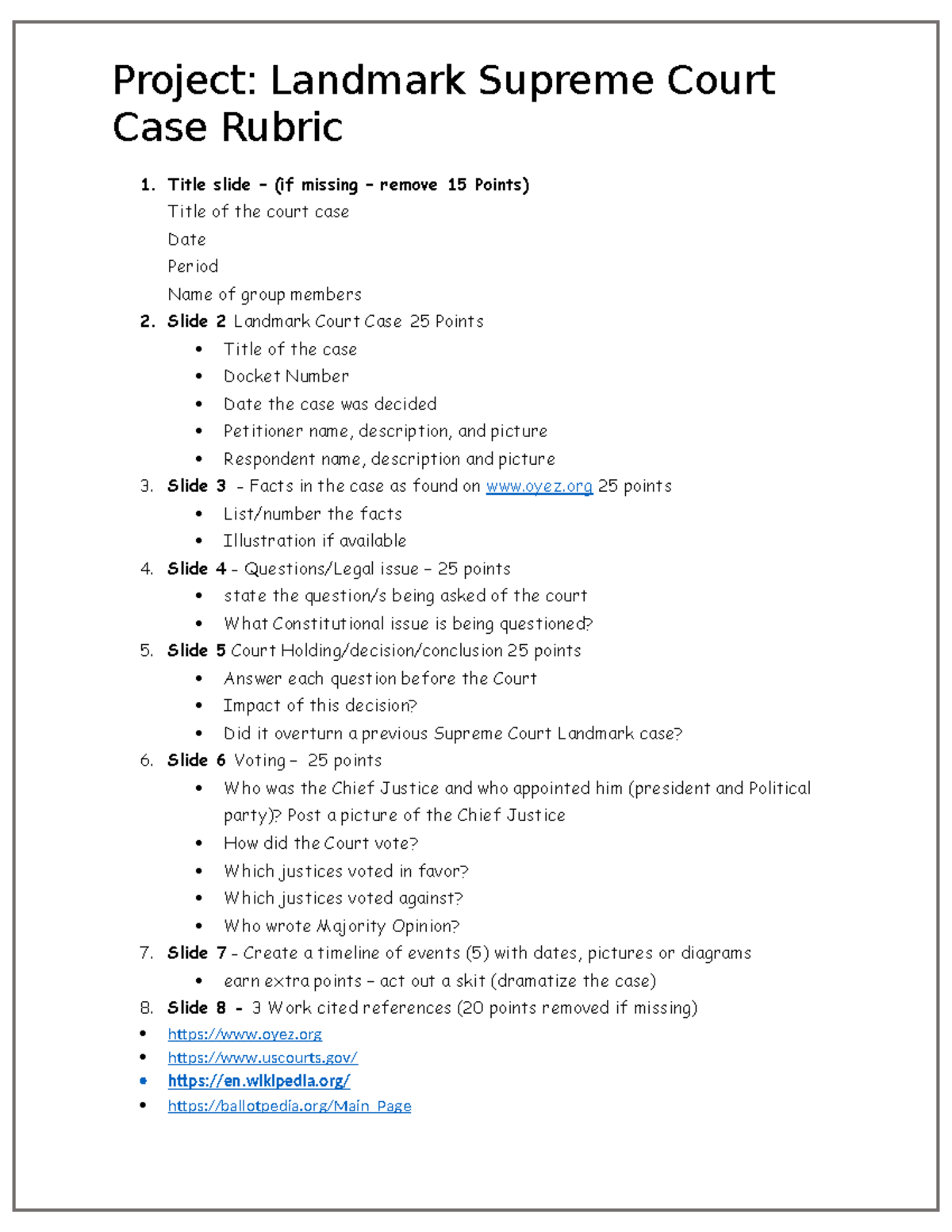 Rubric - Supreme court PPT project 1 - Project: Landmark Supreme Court ...