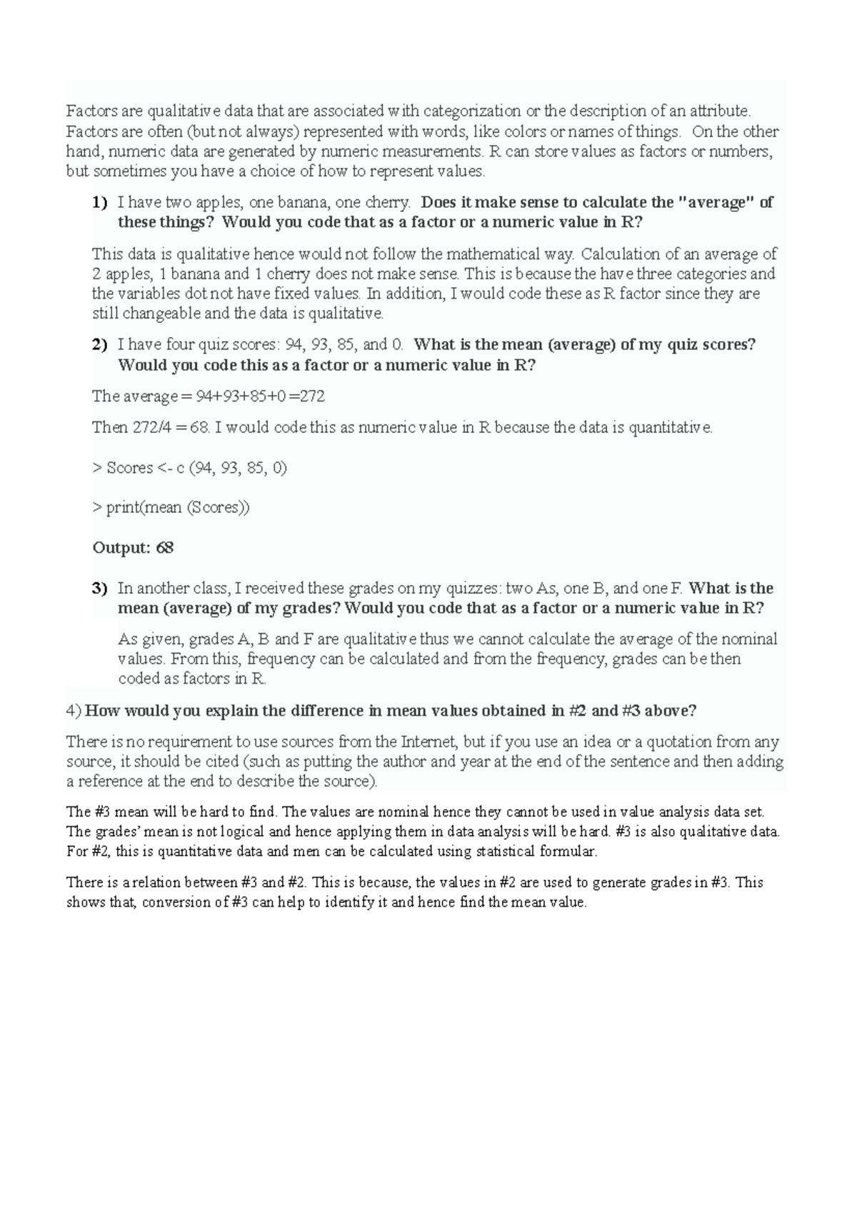 Math 1280 Discussion unit 2 - Factors are qualitative data that are associated with ...