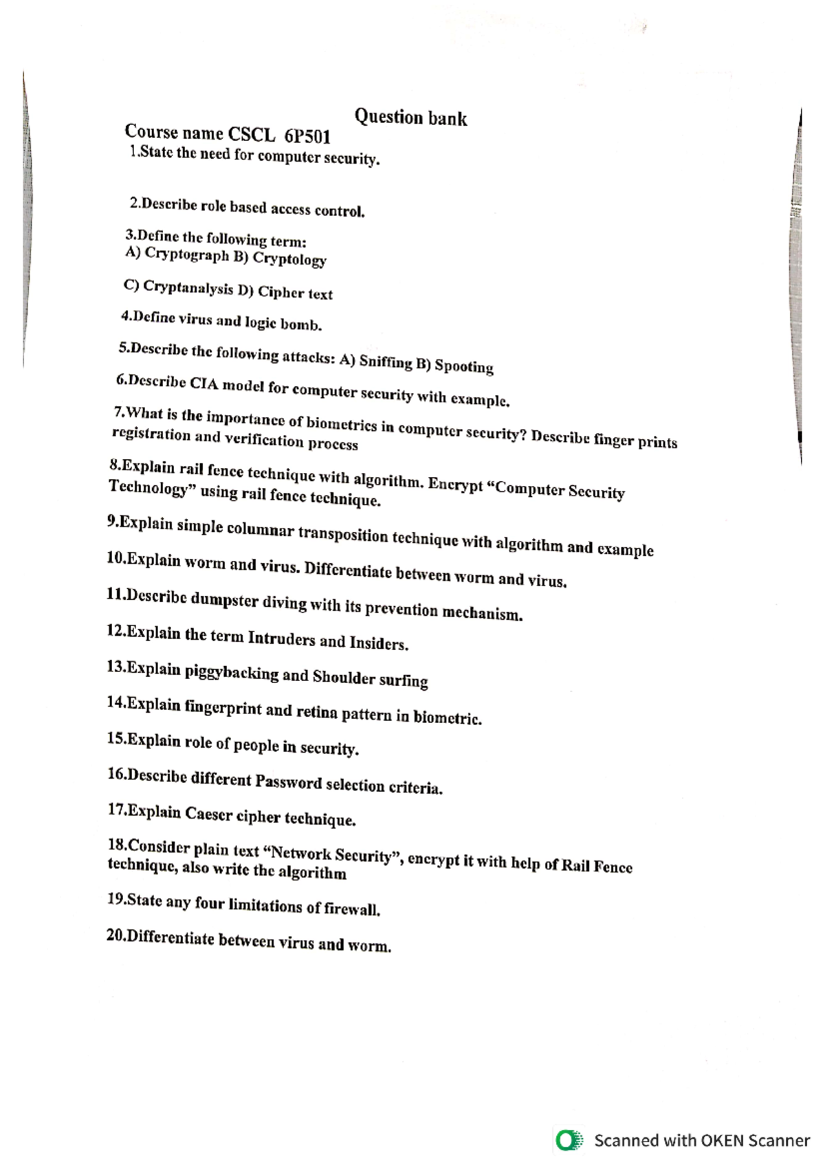 CSCL PT 1 QB - Question bank For unit test - Question bank Course name ...