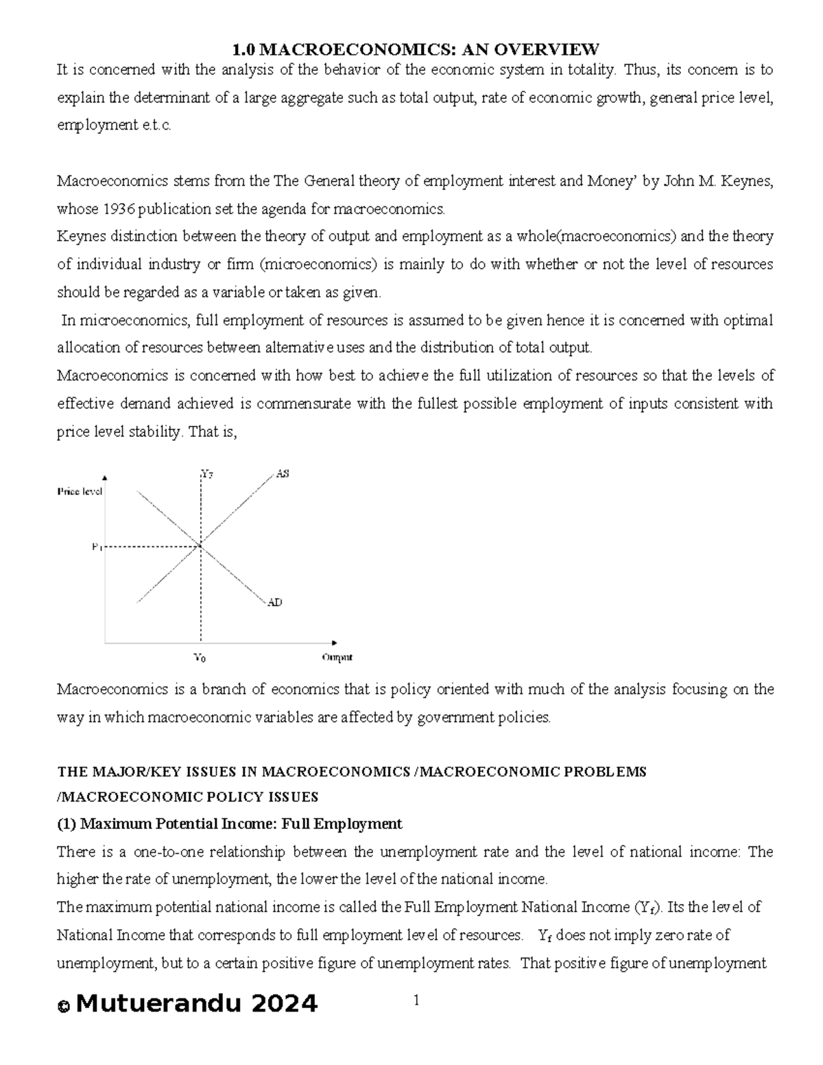 ECON 222 Topic 1 Handout 2024 - 1 MACROECONOMICS: AN OVERVIEW It is ...