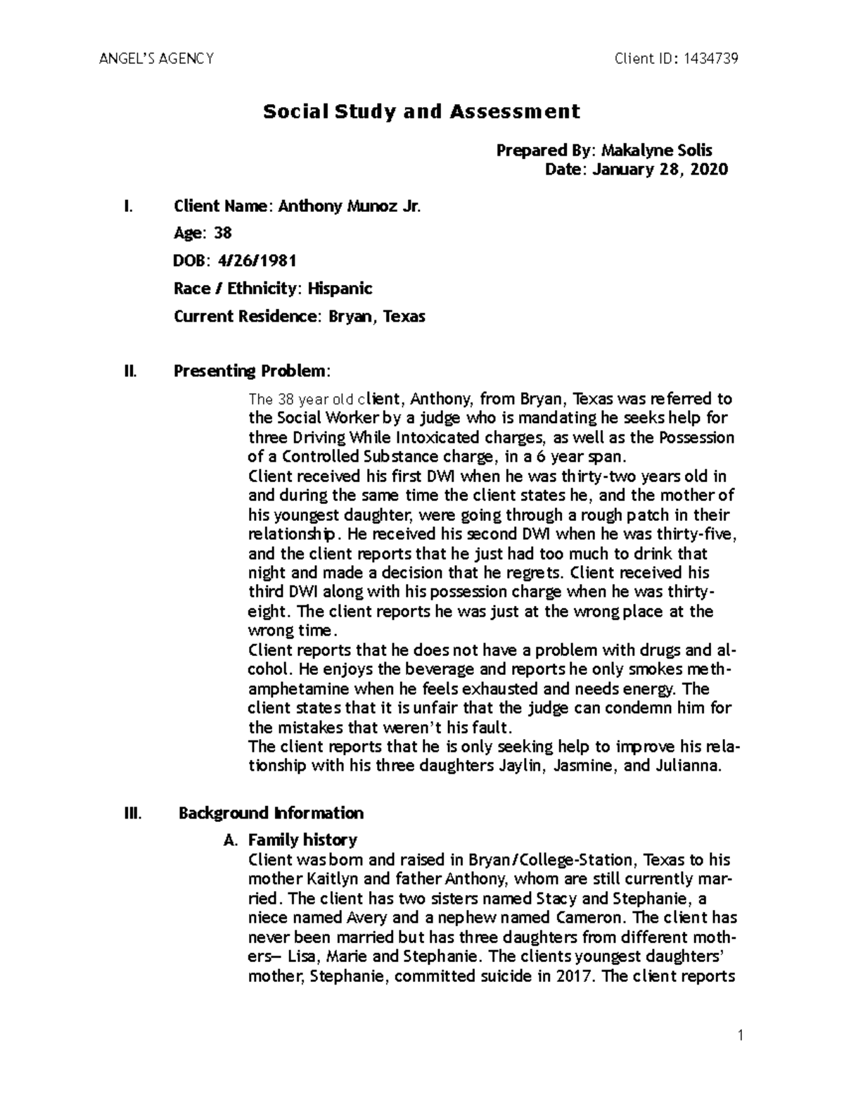 Social Study 2 Example - ANGEL’S AGENCY Client ID: 1434739 Social Study ...