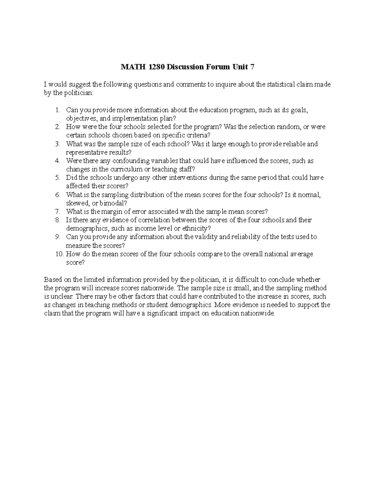 MATH 1280 Discussion Forum Unit 7 - MATH 1280 Discussion Forum Unit 7 I ...