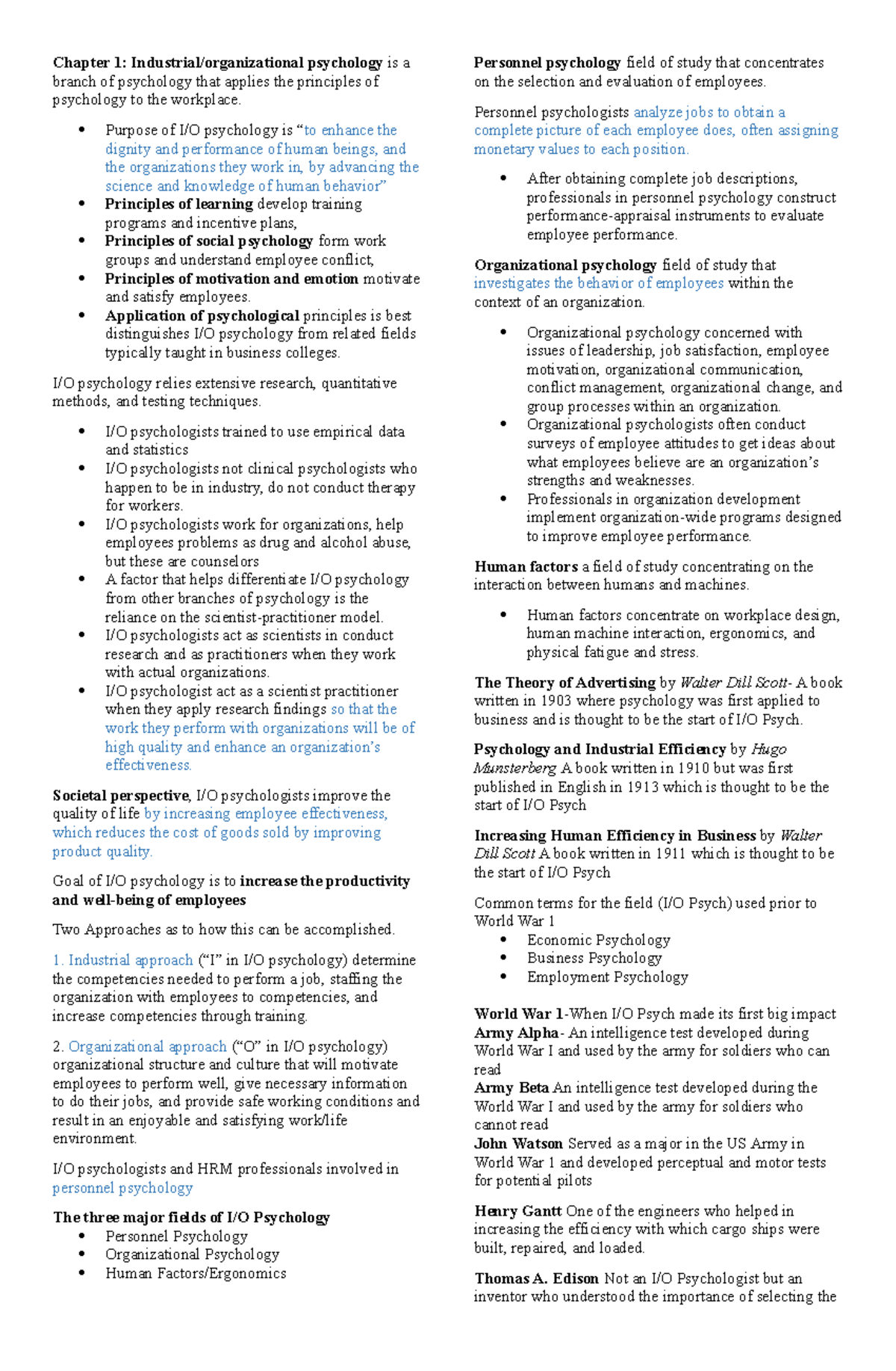 I-o psych reviewer - Chapter 1: Industrial/organizational psychology is ...