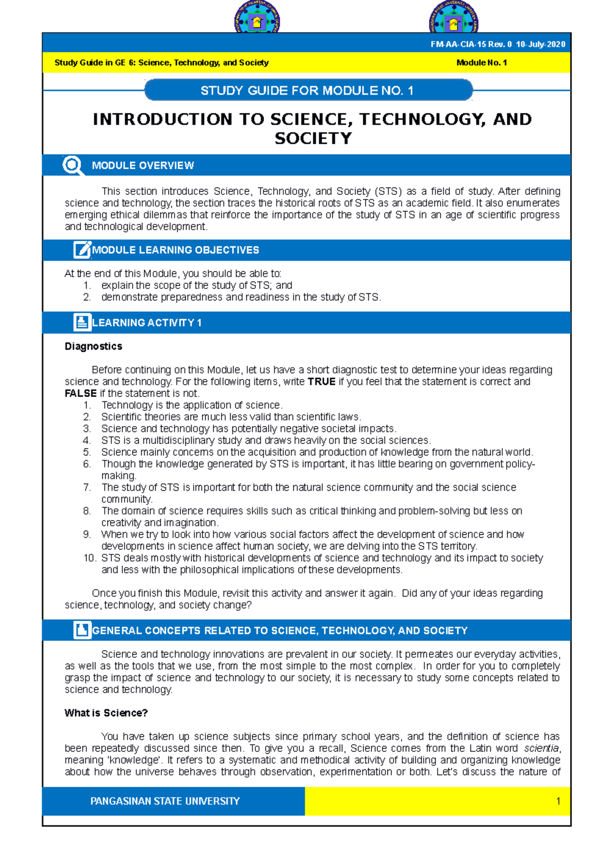 Study- Guide-1 - Module in STS - INTRODUCTION TO SCIENCE, TECHNOLOGY, AND SOCIETY MODULE ...
