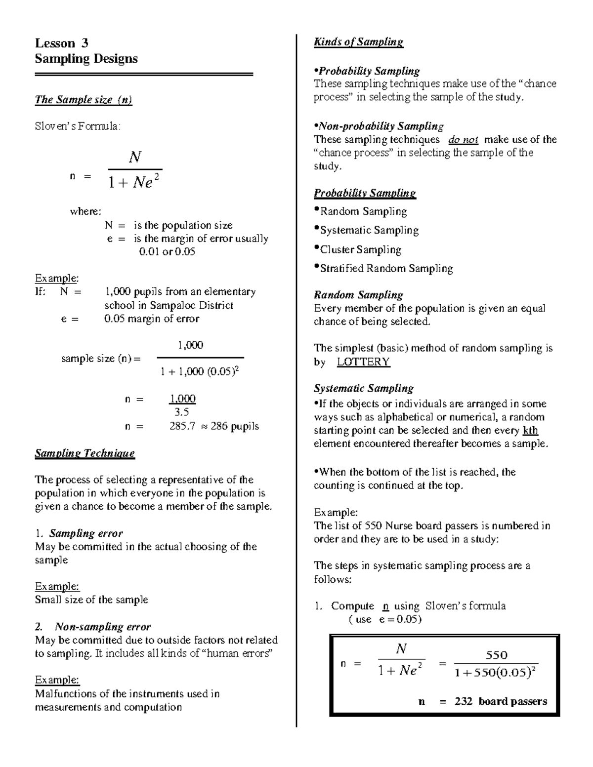 5852323 - Booklet - Lesson 3 Sampling Designs The Sample size (n ...
