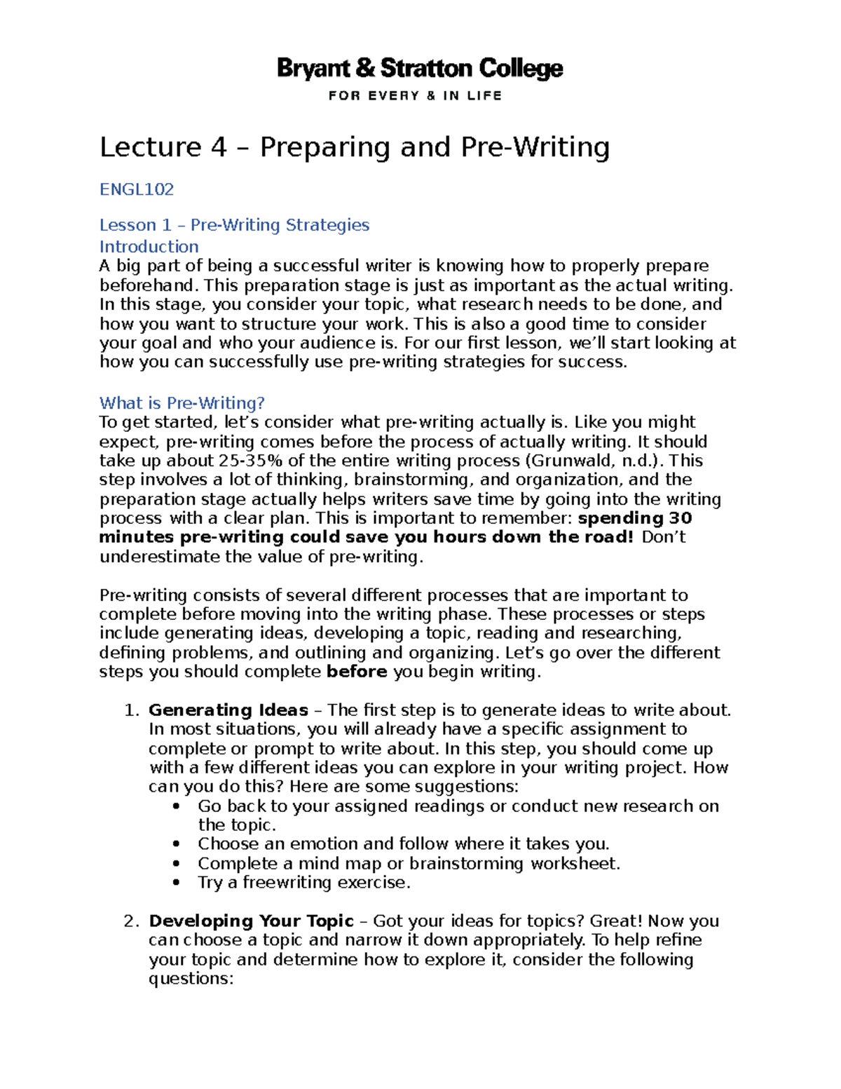 ENGL102 Lecture 4 - Lecture 4 – Preparing and Pre-Writing ENGL Lesson 1 ...