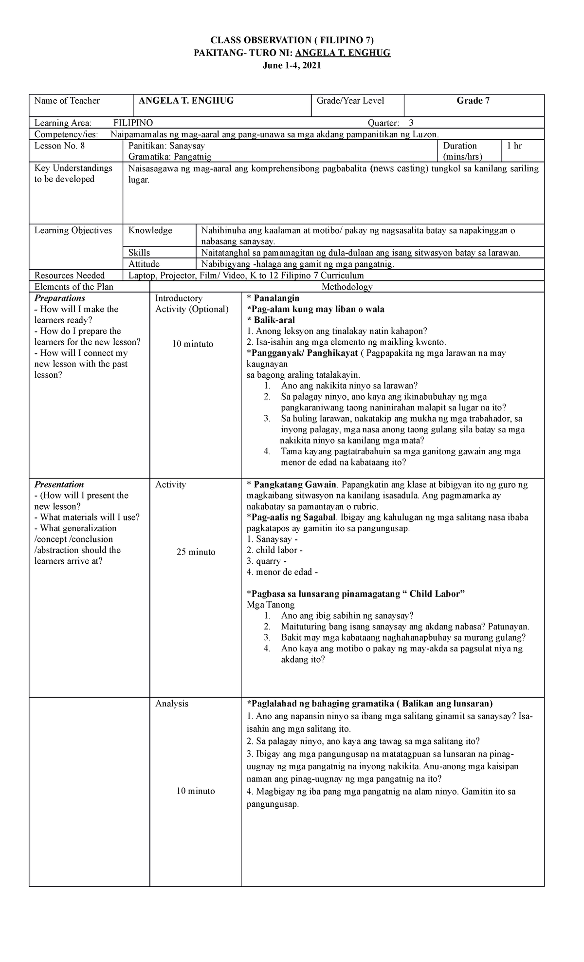 Iplan-in-fil - CLASS OBSERVATION ( FILIPINO 7) PAKITANG- TURO NI ...