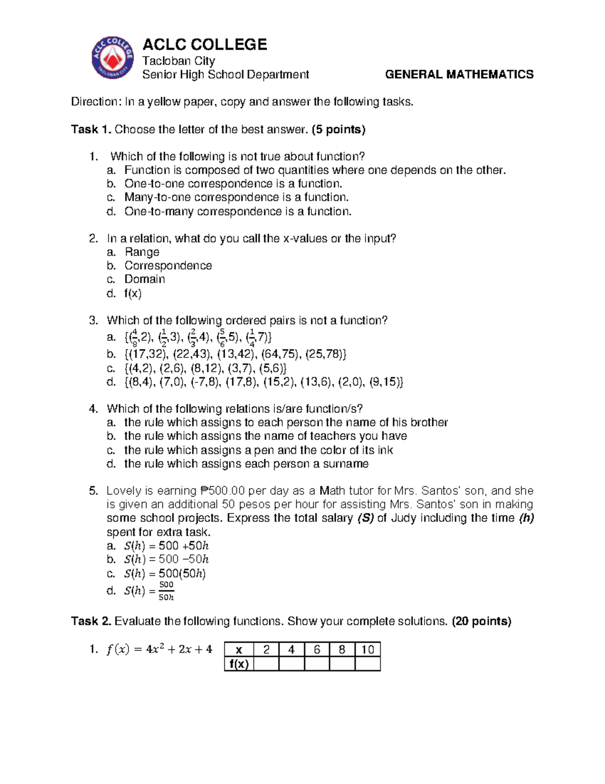 Genmath Module 1 Activity Aclc College Tacloban City Senior High