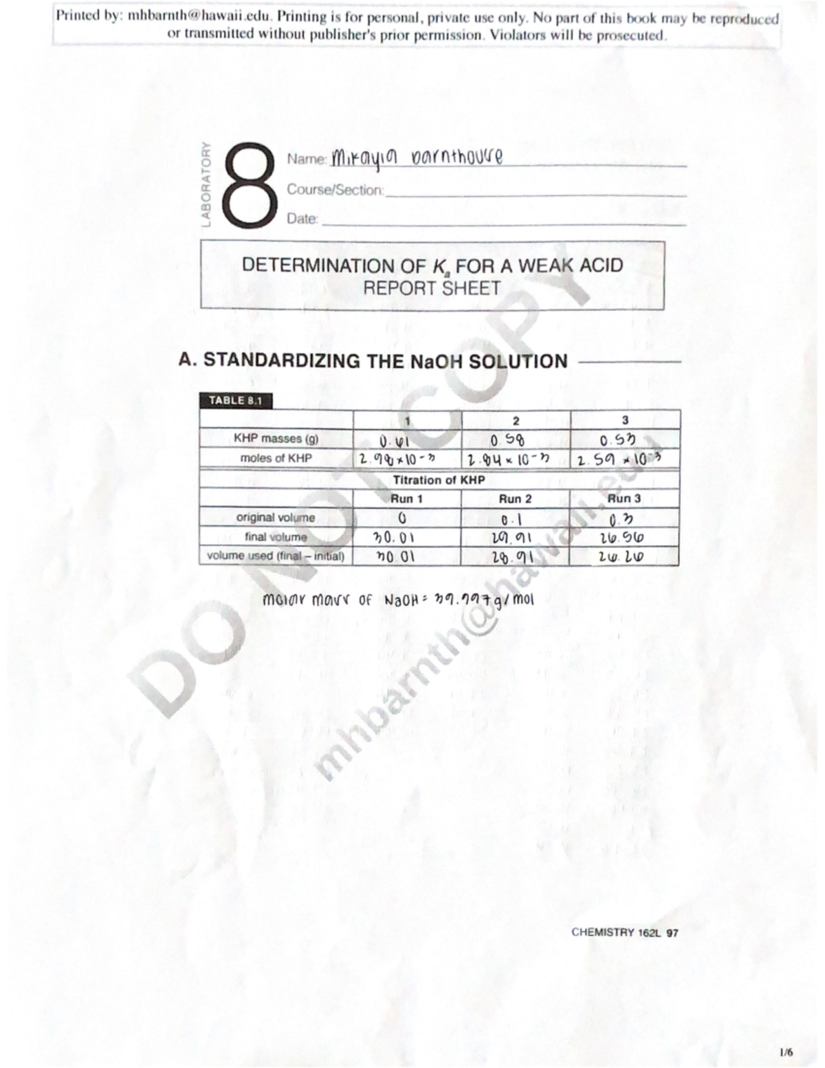 Lab 8 - Lab 8 : Determining K of a weak acid - Printed : Printing is ...