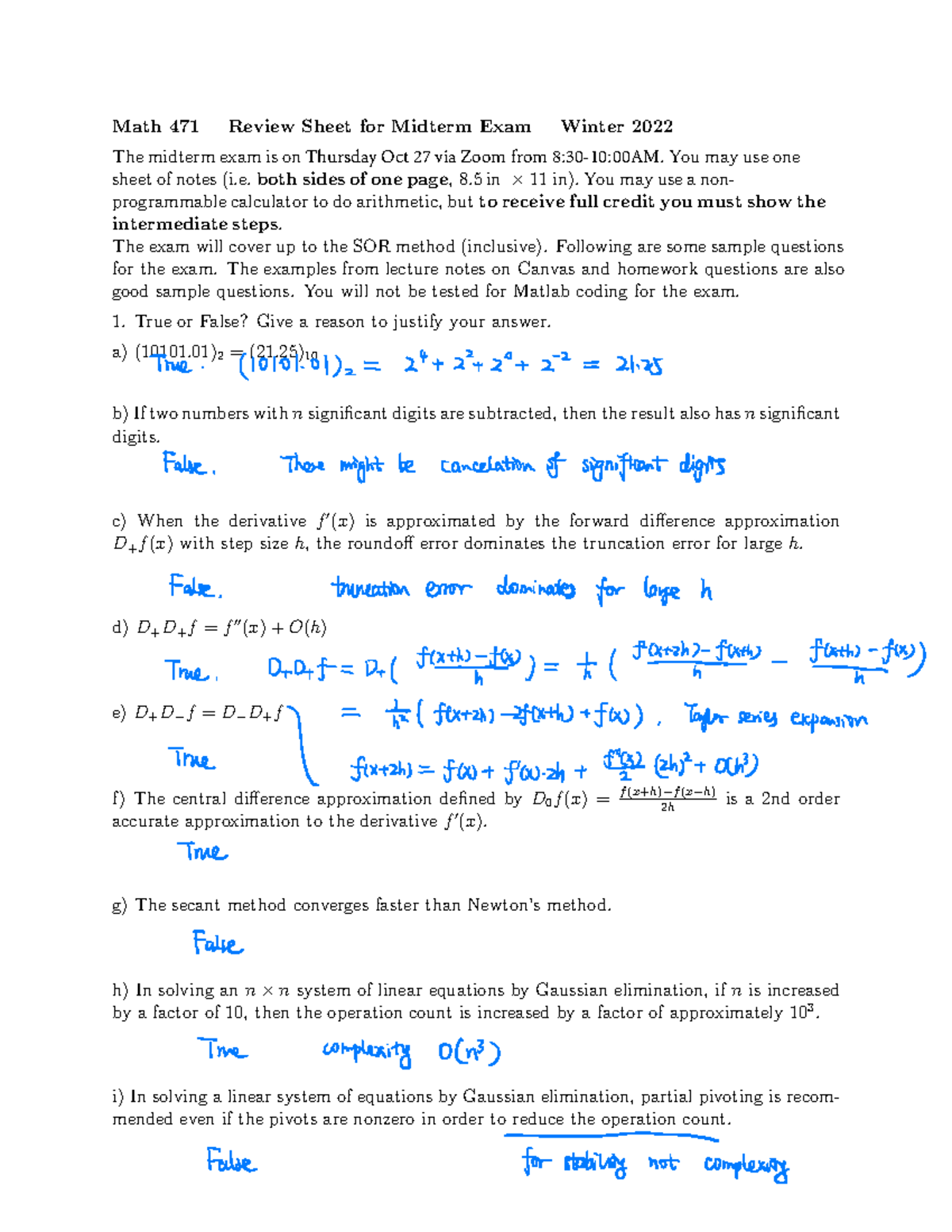 Exam midterm review sheet soln-1 - Math 471 Review Sheet for Midterm Exam Winter 2022 The ...