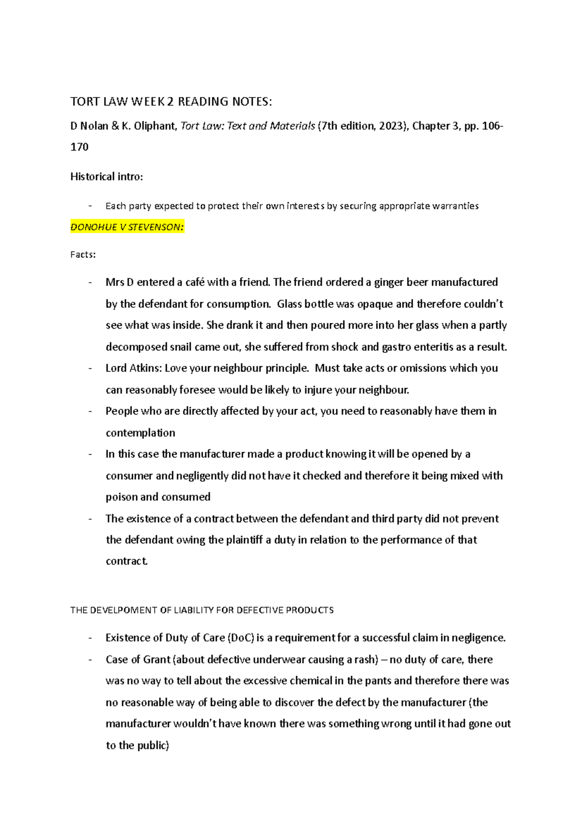 TORT LAW WEEK 2 Reading Notes - TORT LAW WEEK 2 READING NOTES: D Nolan ...