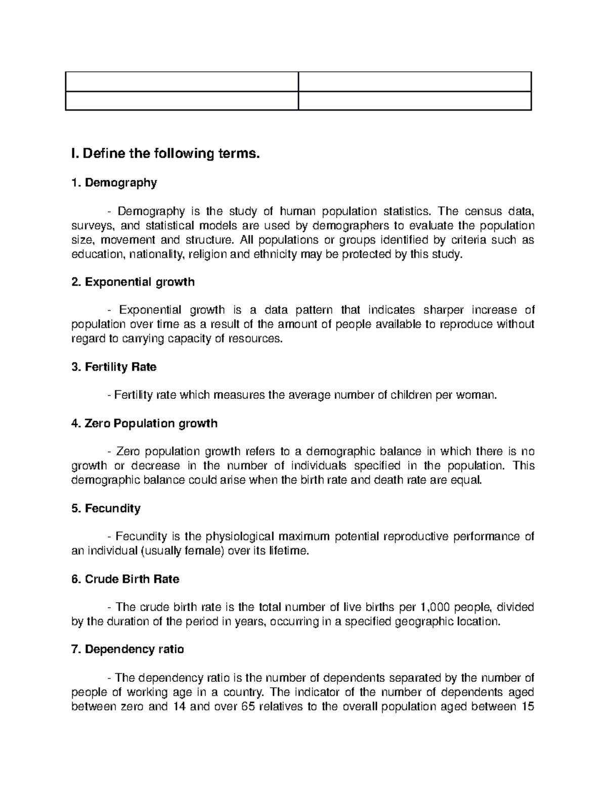 Population terms and graph - environmental science - I. Define the ...