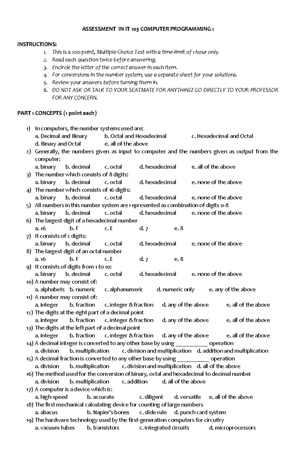 Assessment in IT 103 Computer Programming 1 - ASSESSMENT IN IT 103 ...