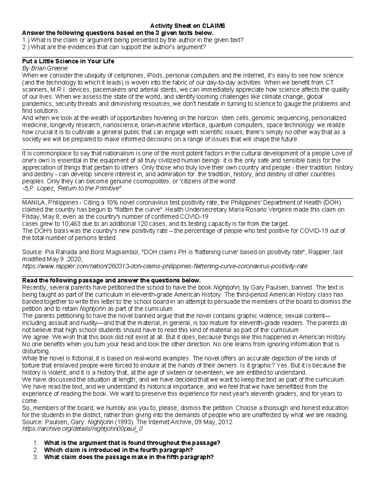 Activity Sheet on Claims - Activity Sheet on CLAIMS Answer the ...