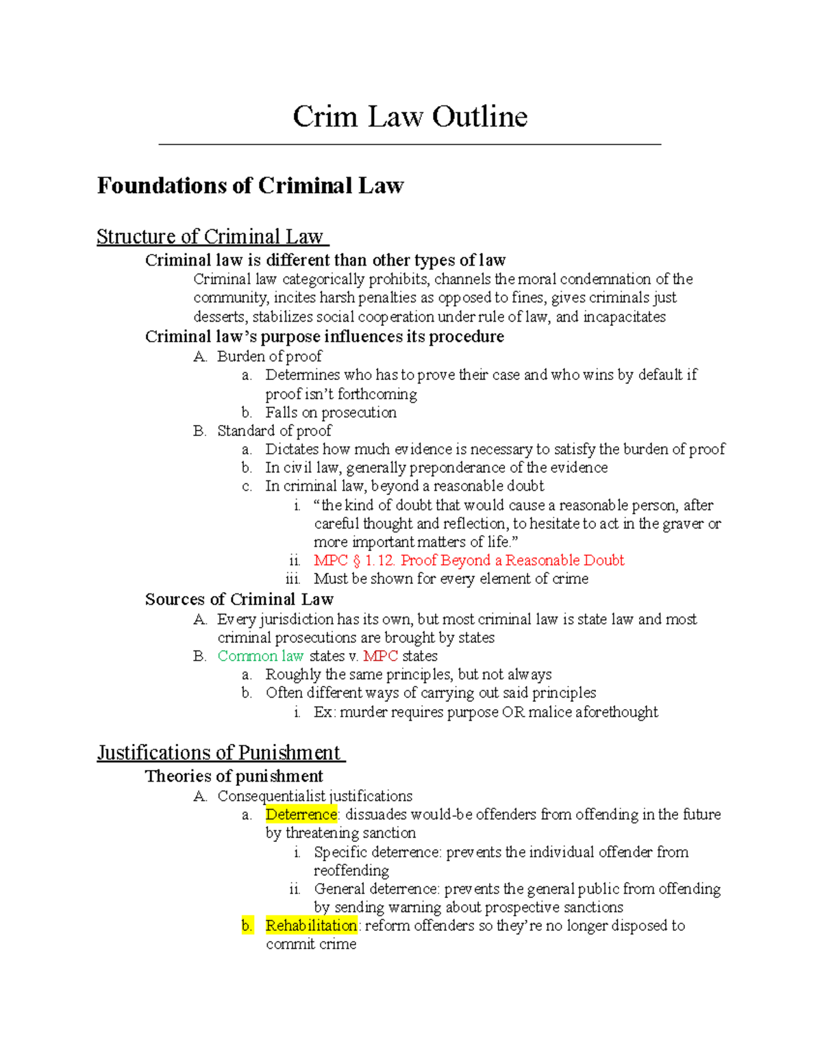 Crim Law Outline - Bronsther - Crim Law Outline Foundations of Criminal ...