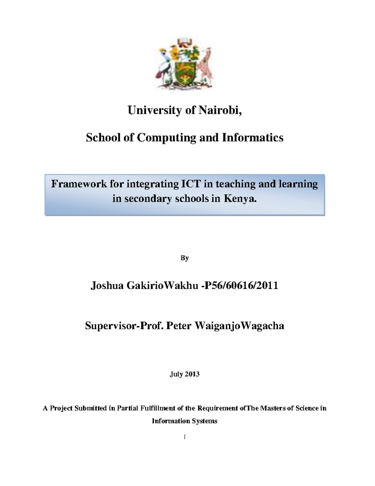 Title Page - i University of Nairobi, School of Computing and ...