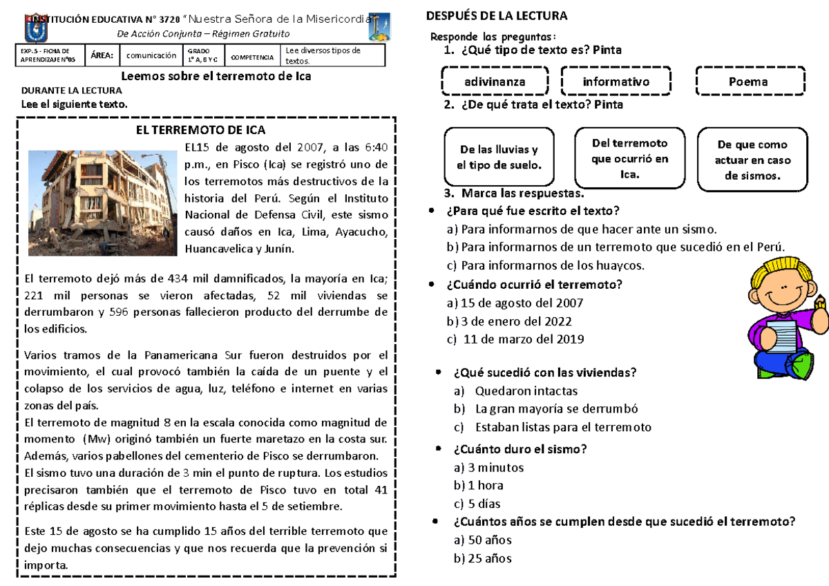 Ficha DE Pcomunicación N° 5 - Leemos sobre el terremoto de Ica DURANTE ...
