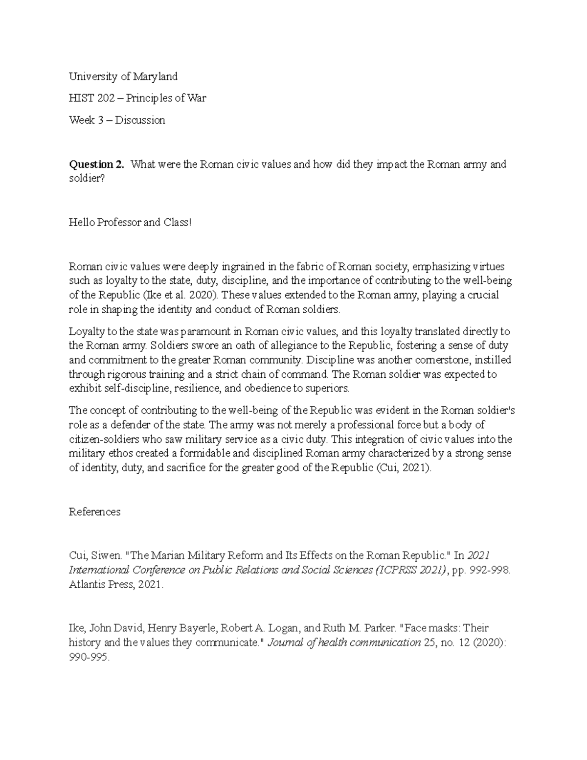 Week 3 Discussion - University of Maryland HIST 202 – Principles of War ...