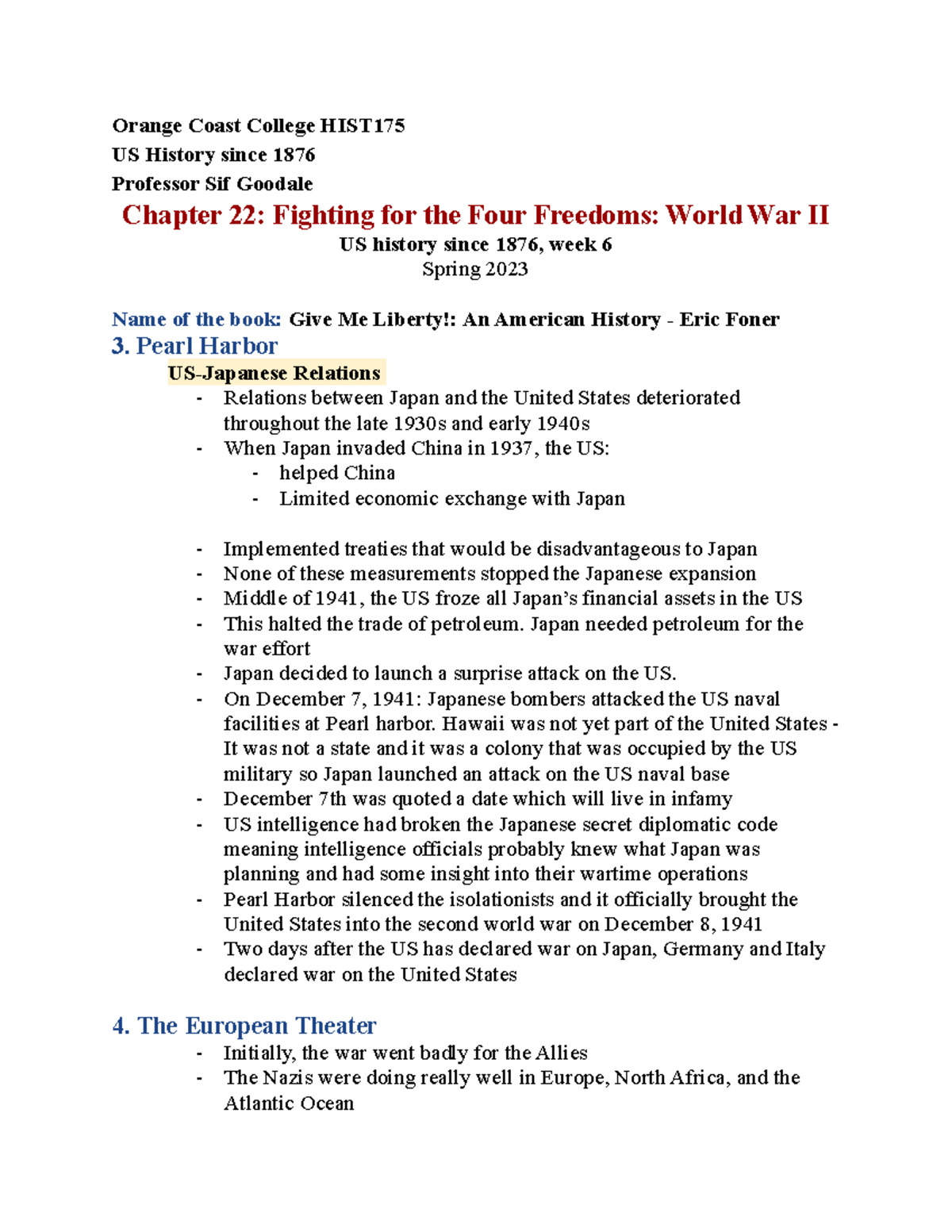 Chapter 22: Fighting for the Four Freedoms: World War II - Pearl Harbor ...