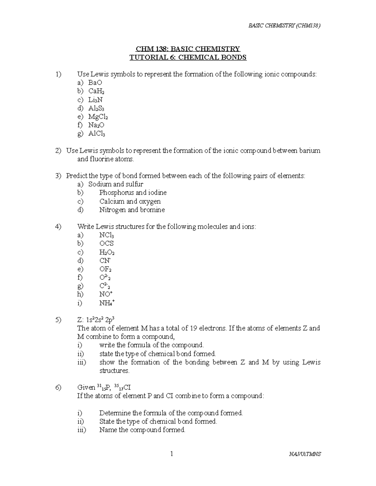 Tutorial 6 - Chemistry - UiTM - Studocu