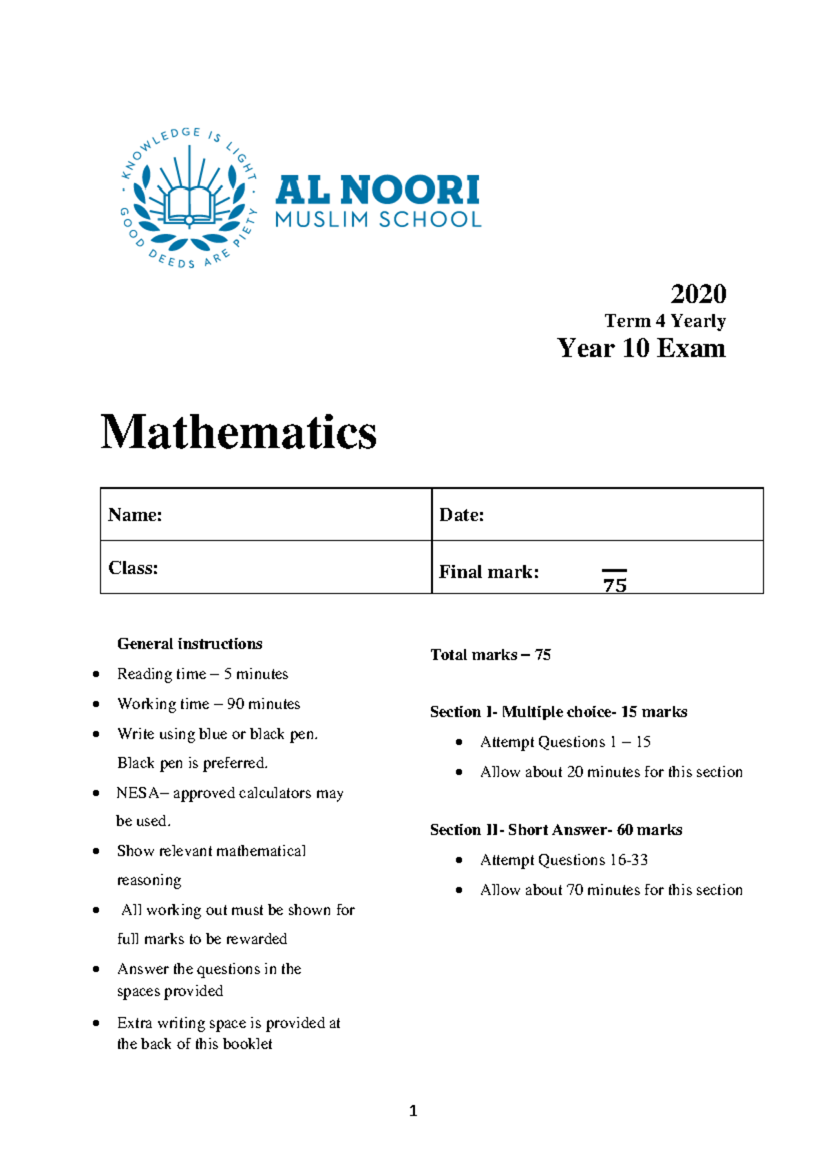 Year 10 Term 4 Yearly Exam 2020 - 2020 Term 4 Yearly Year 10 Exam ...