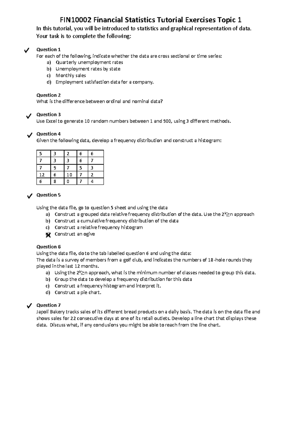 Tutorial work week 2 - FIN10002 Financial Statistics Tutorial Exercises ...