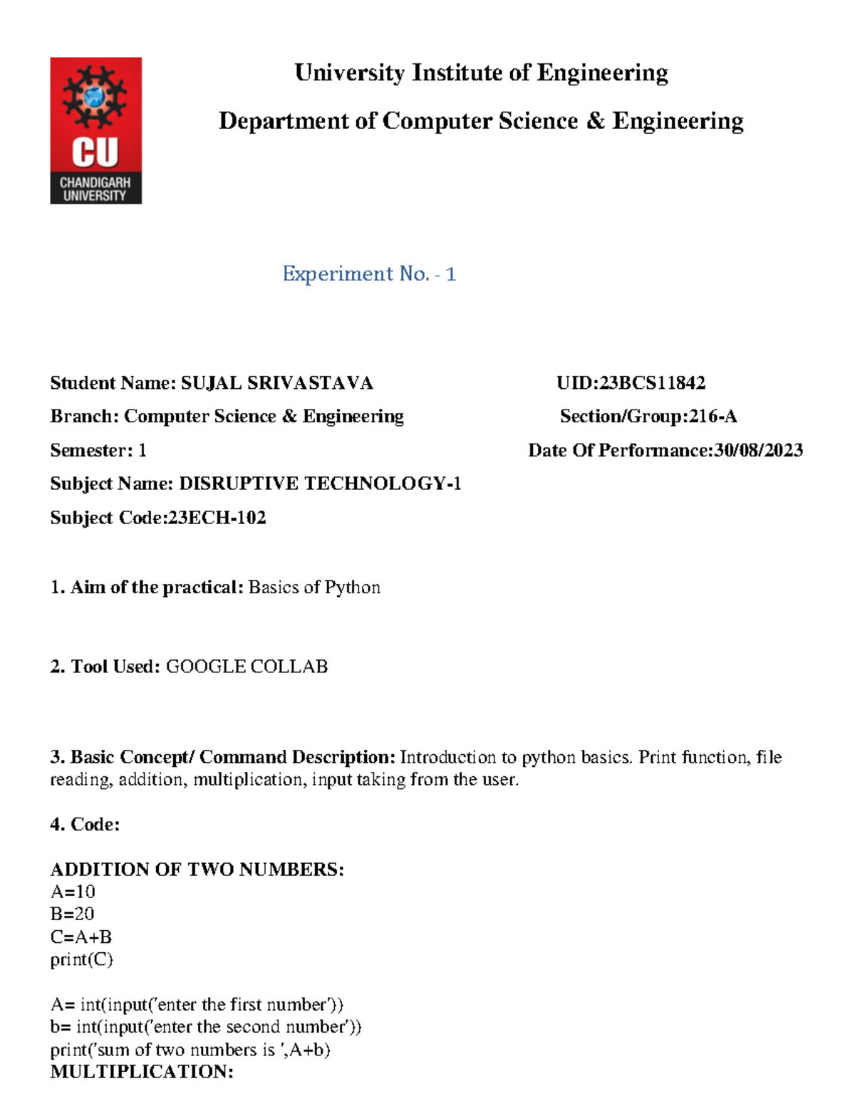 Dt edited - Disruptive technology practical - Department of Computer Science & Engineering - Studocu