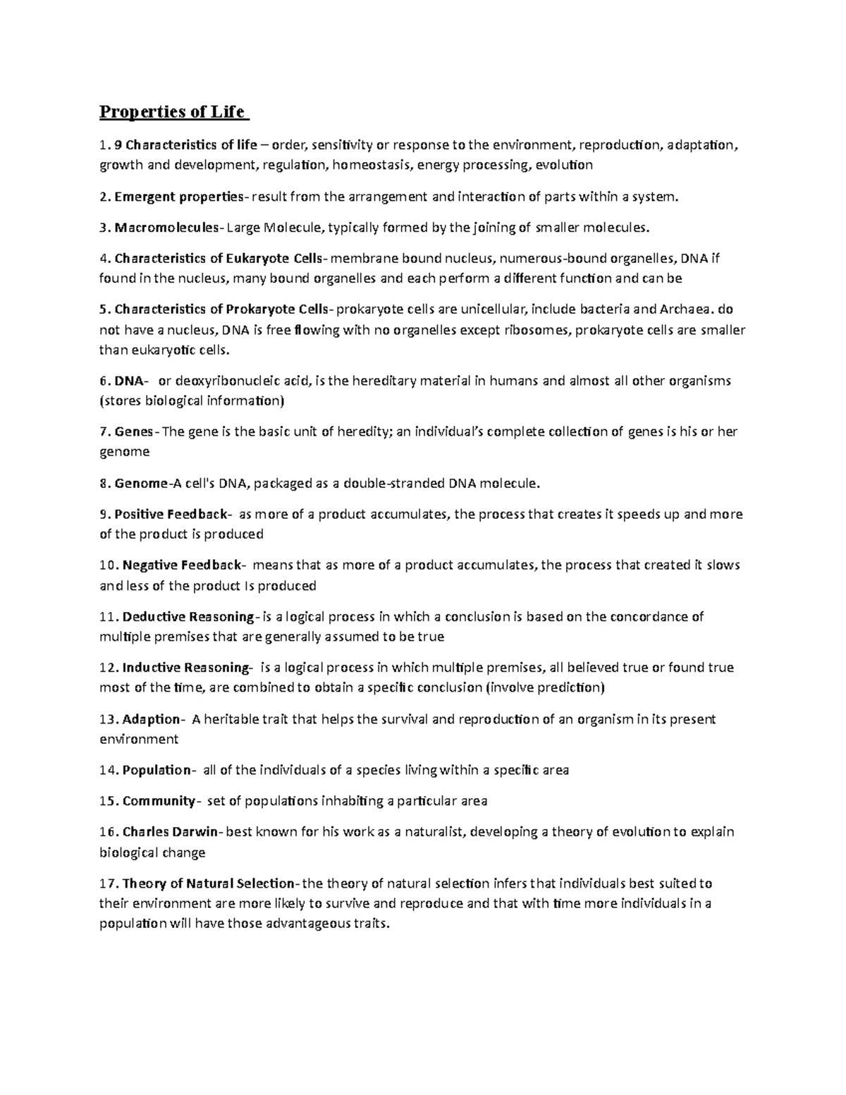 Terms pt. 1 - Properties of Life 1. 9 Characteristics of life – order ...