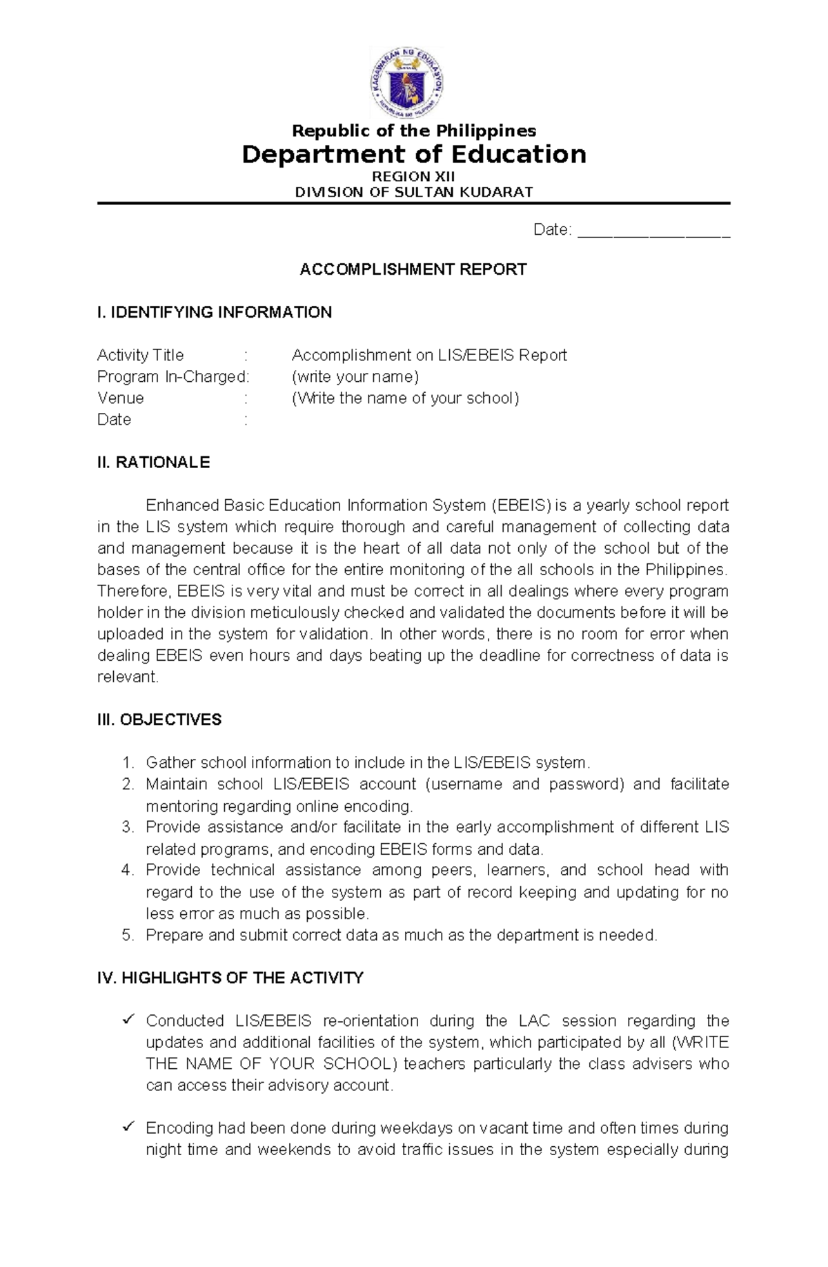LIS Ebeis Accomplishement Report 2022 2023 - Department of Education ...