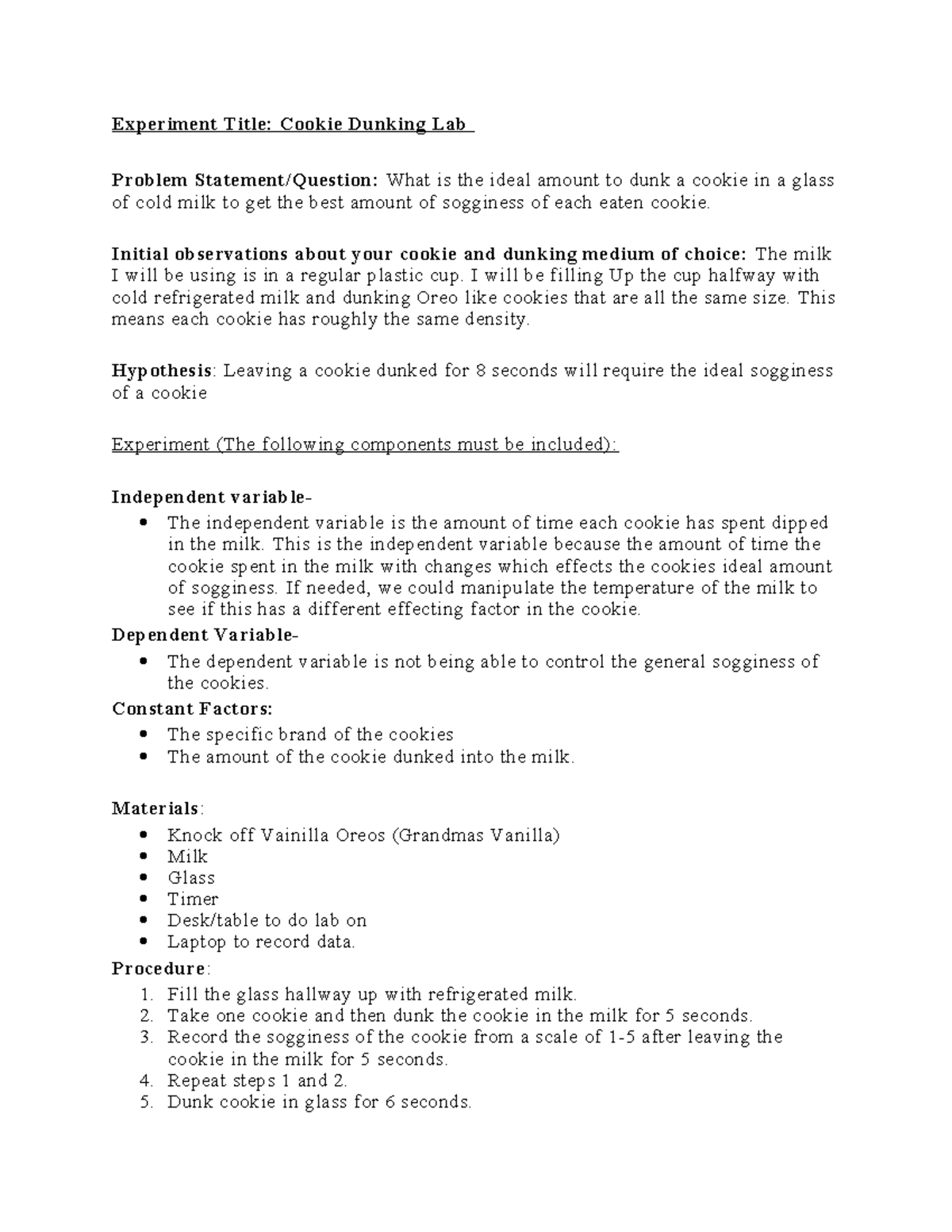 Cookie dunking lab - Experiment Title: Cookie Dunking Lab Problem ...