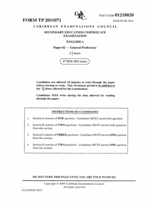 Csec english a p 01 may 2005 - English A - Studocu