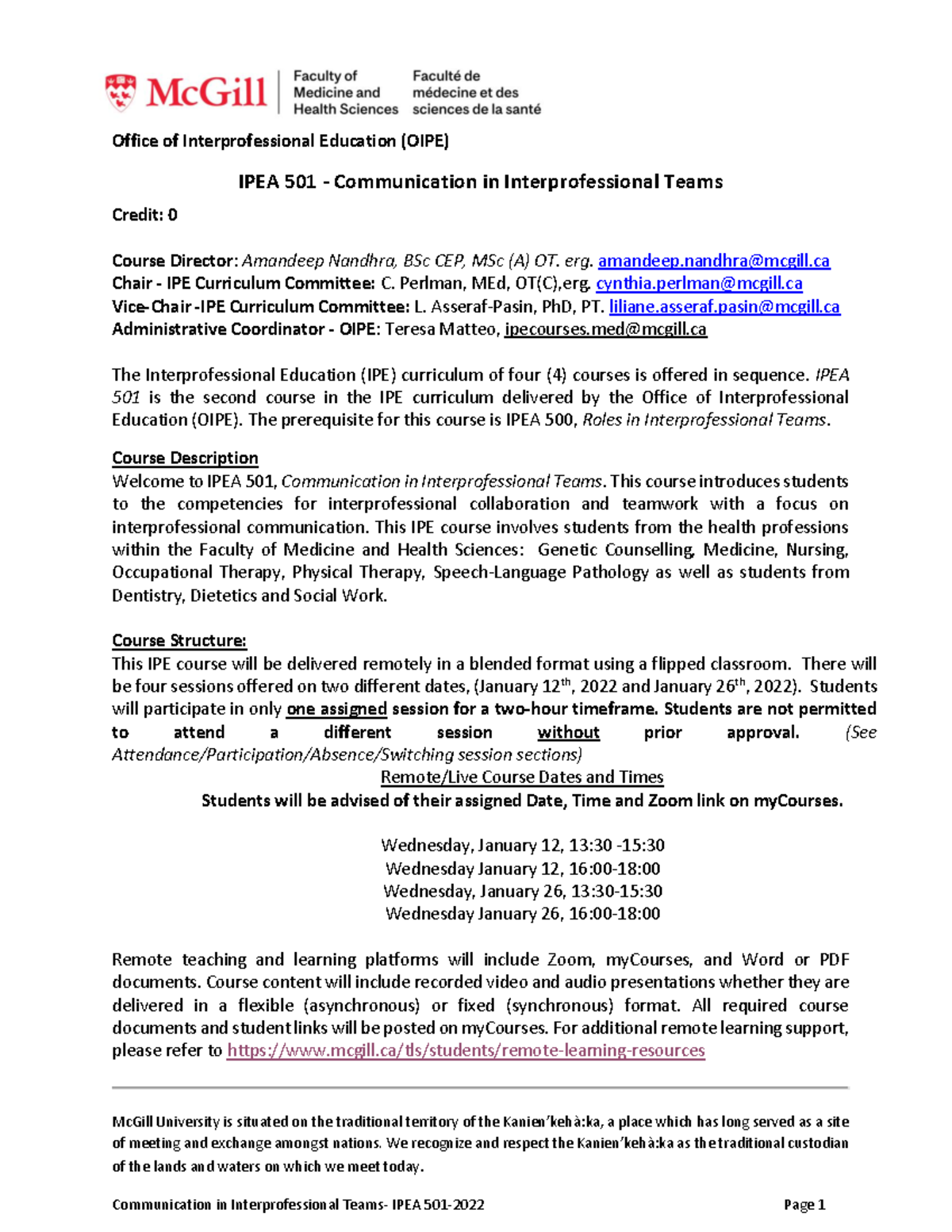IPEA 501 - Syllabus - McGill University is situated on the traditional ...