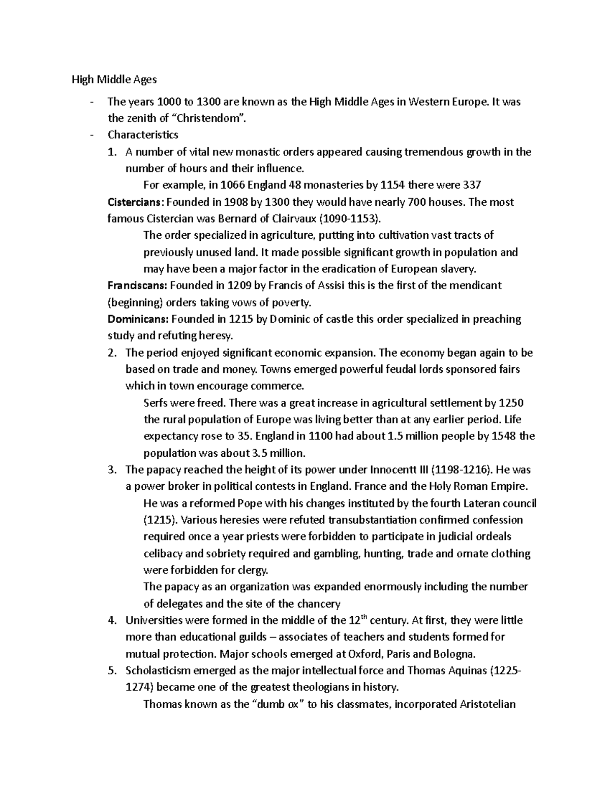 West Civ notes (final) - High Middle Ages The years 1000 to 1300 are ...