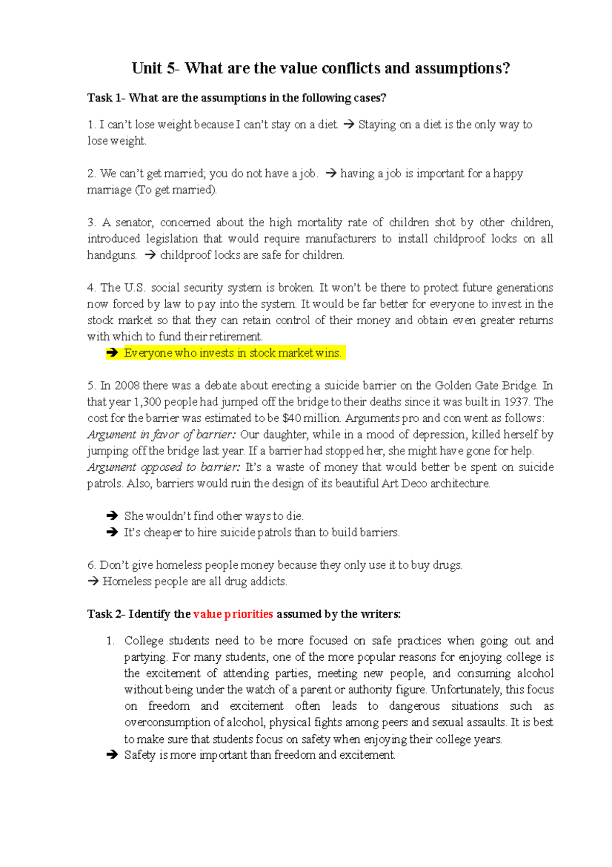 The key of assumption exercises - Unit 5- What are the value conflicts ...