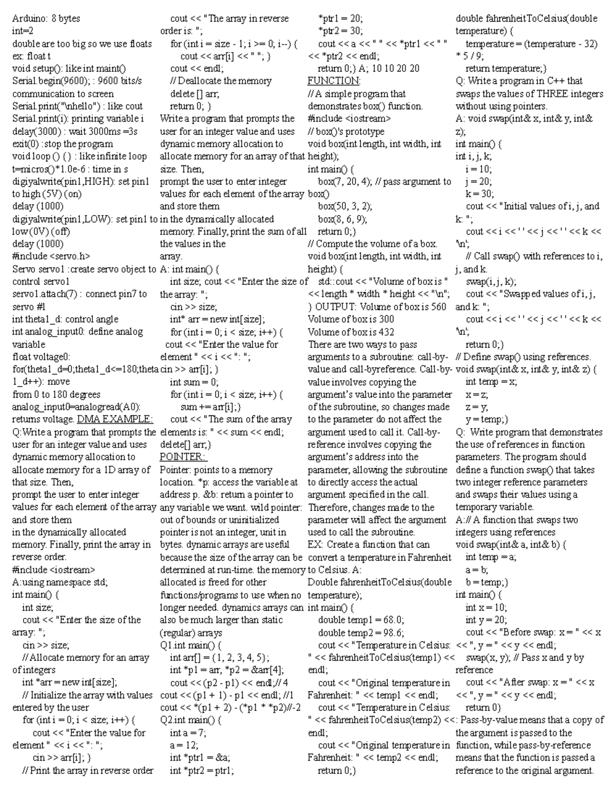 MIAE 215 Cheat Sheet - Arduino: 8 bytes int= double are too big so we ...