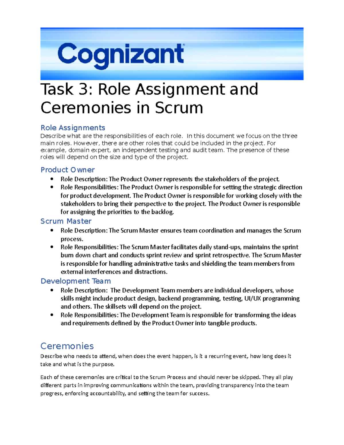 Task 3 Model Answer C - cognizant task - Task 3: Role Assignment and Ceremonies in Scrum Role ...