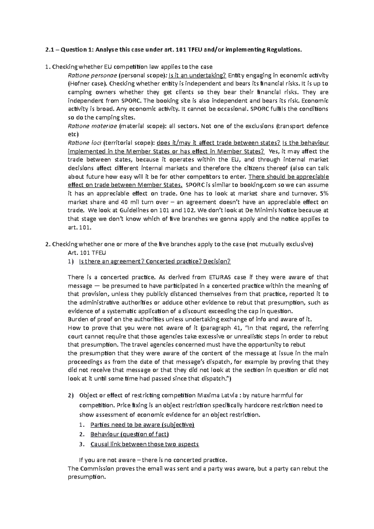 ECL Tutorial 2 - samenvatting - 2 – Question 1: Analyse this case under art. 101 TFEU and/or ...