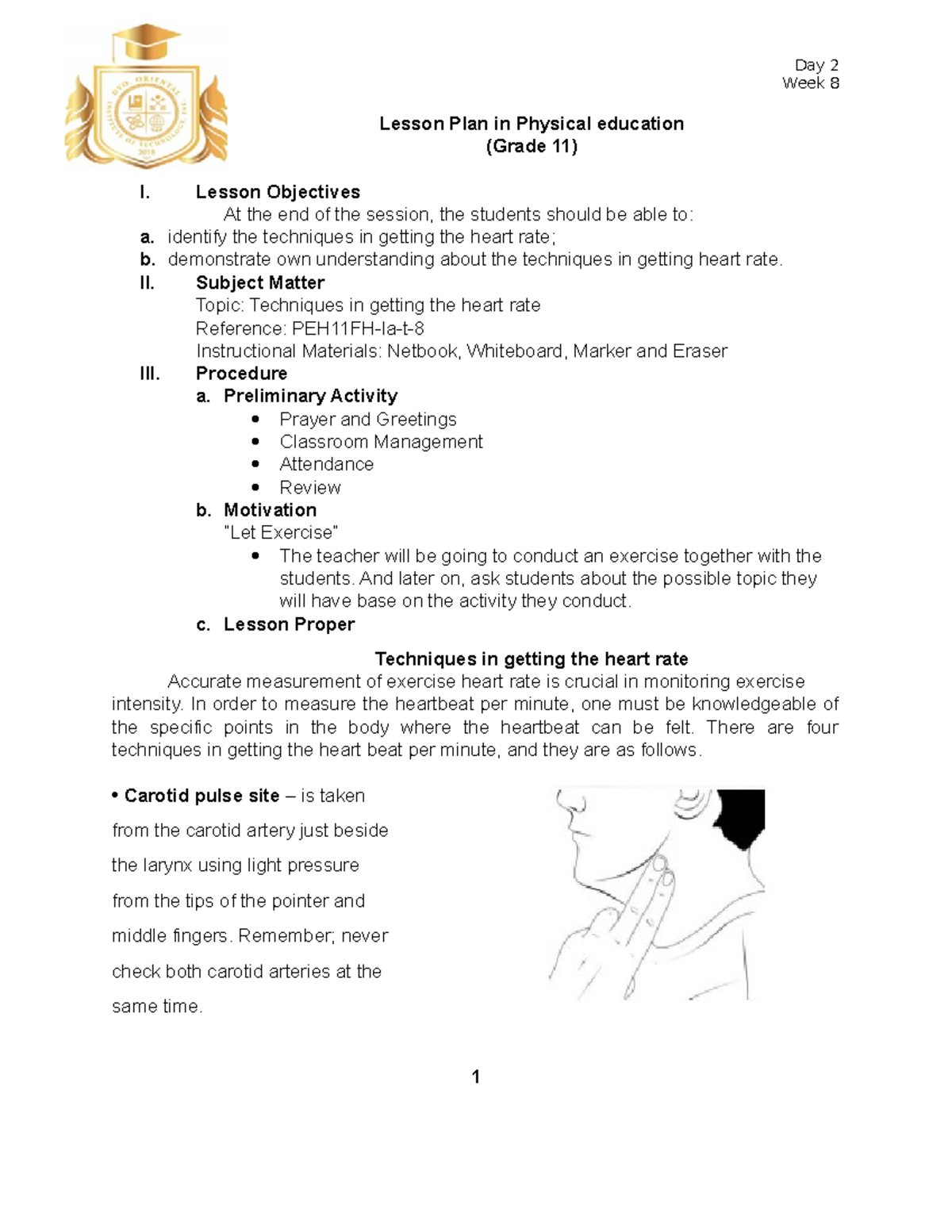 Day 2 Week 8 - LESSON PLAN - Day 2 Week 8 Lesson Plan in Physical ...