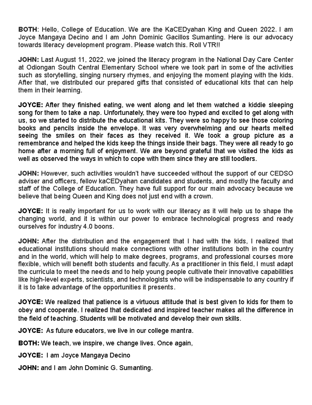 BOTH - script for advocacy speech - BOTH: Hello, College of Education ...