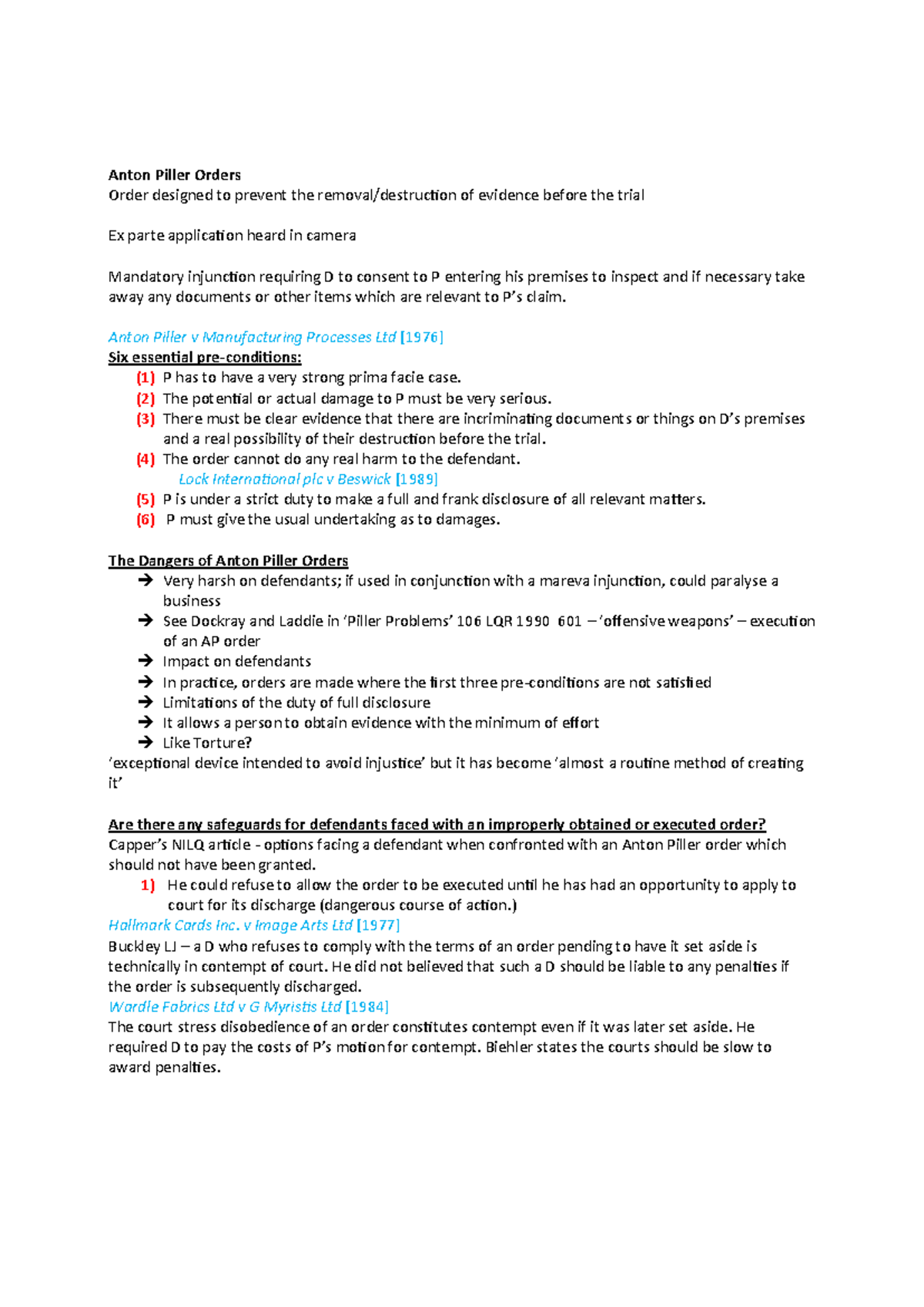 Anton Pillar Orders - Anton Piller Orders Order designed to prevent the ...