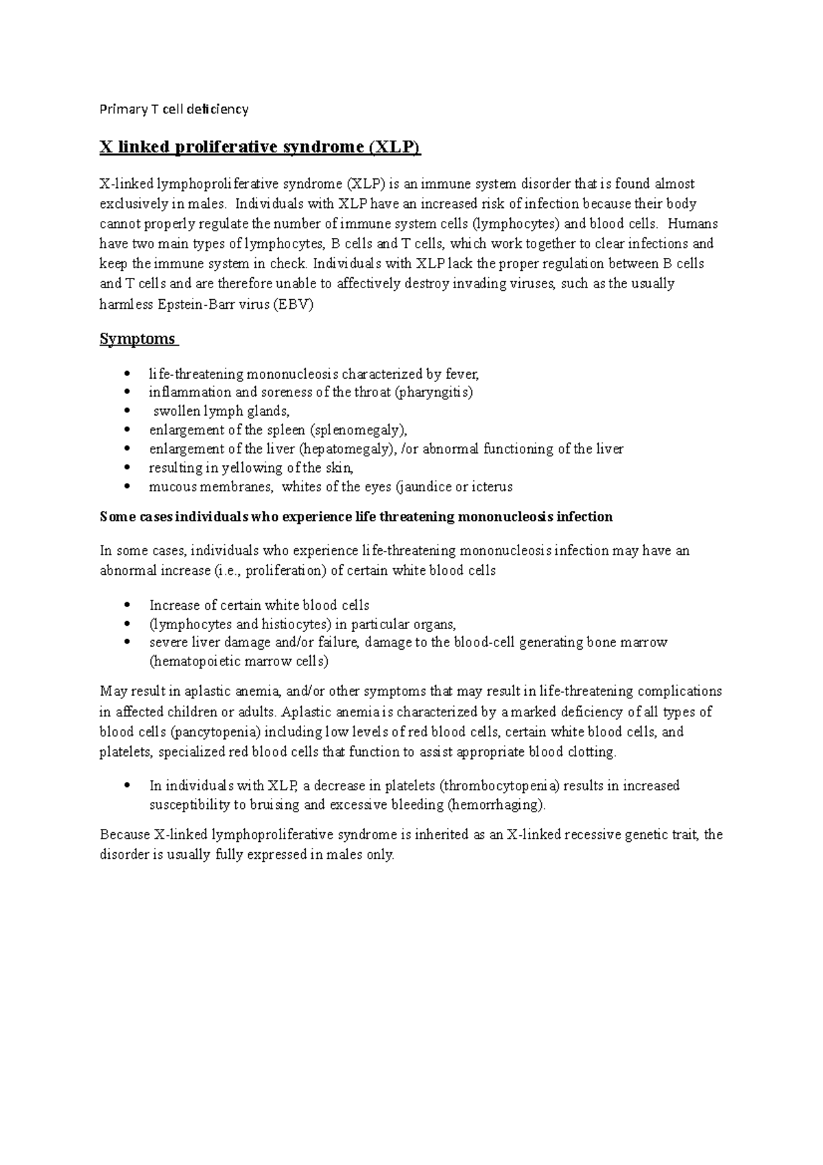X linked proliferative syndrome - Primary T cell deficiency X linked ...