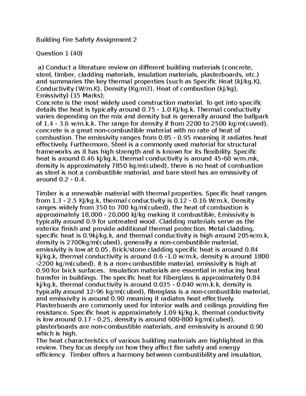 Building Fire Safety Assignment 2 - ) and summaries the key thermal ...