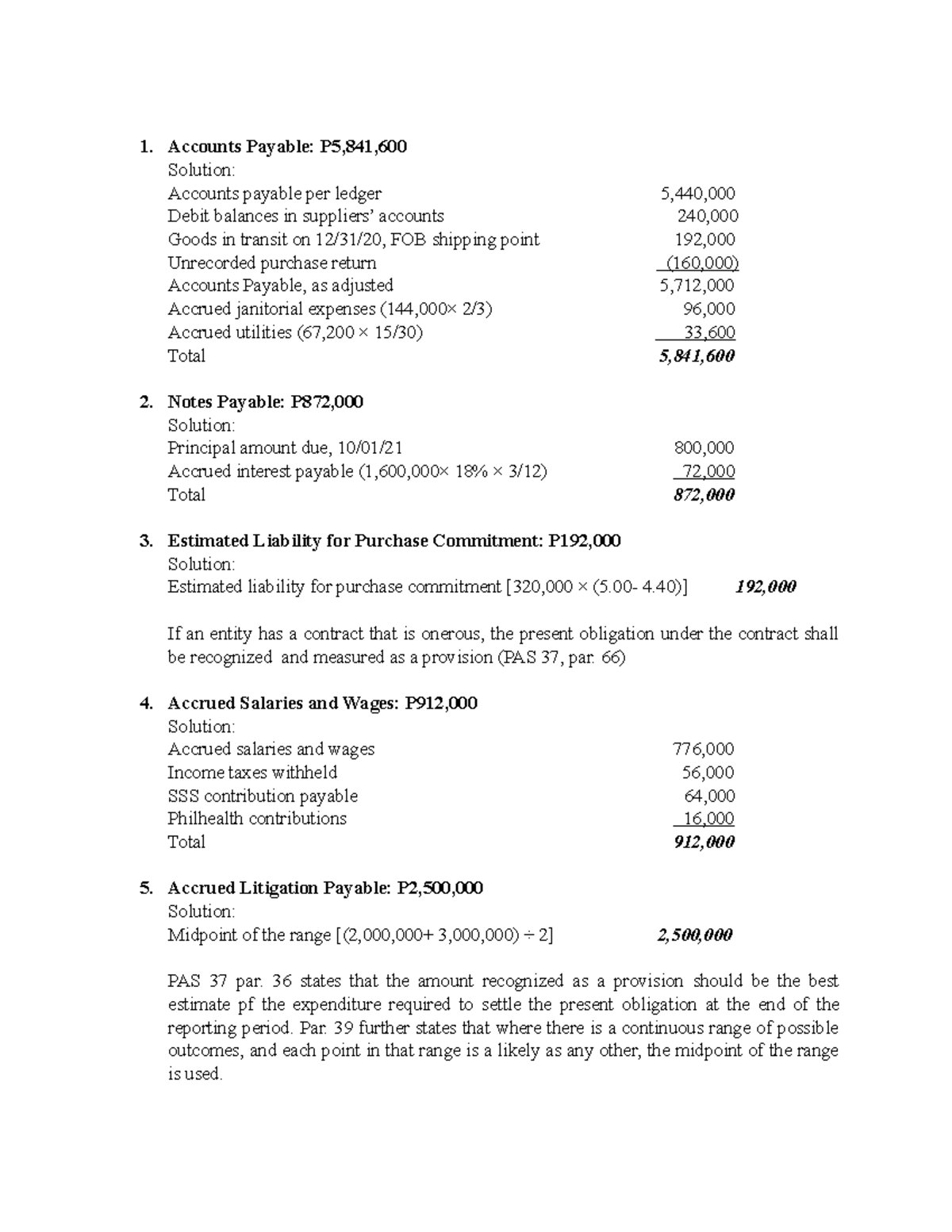 (1) Exercises - Auditing - Accounts Payable: P5,841, Solution: Accounts payable per ledger 5,440 ...