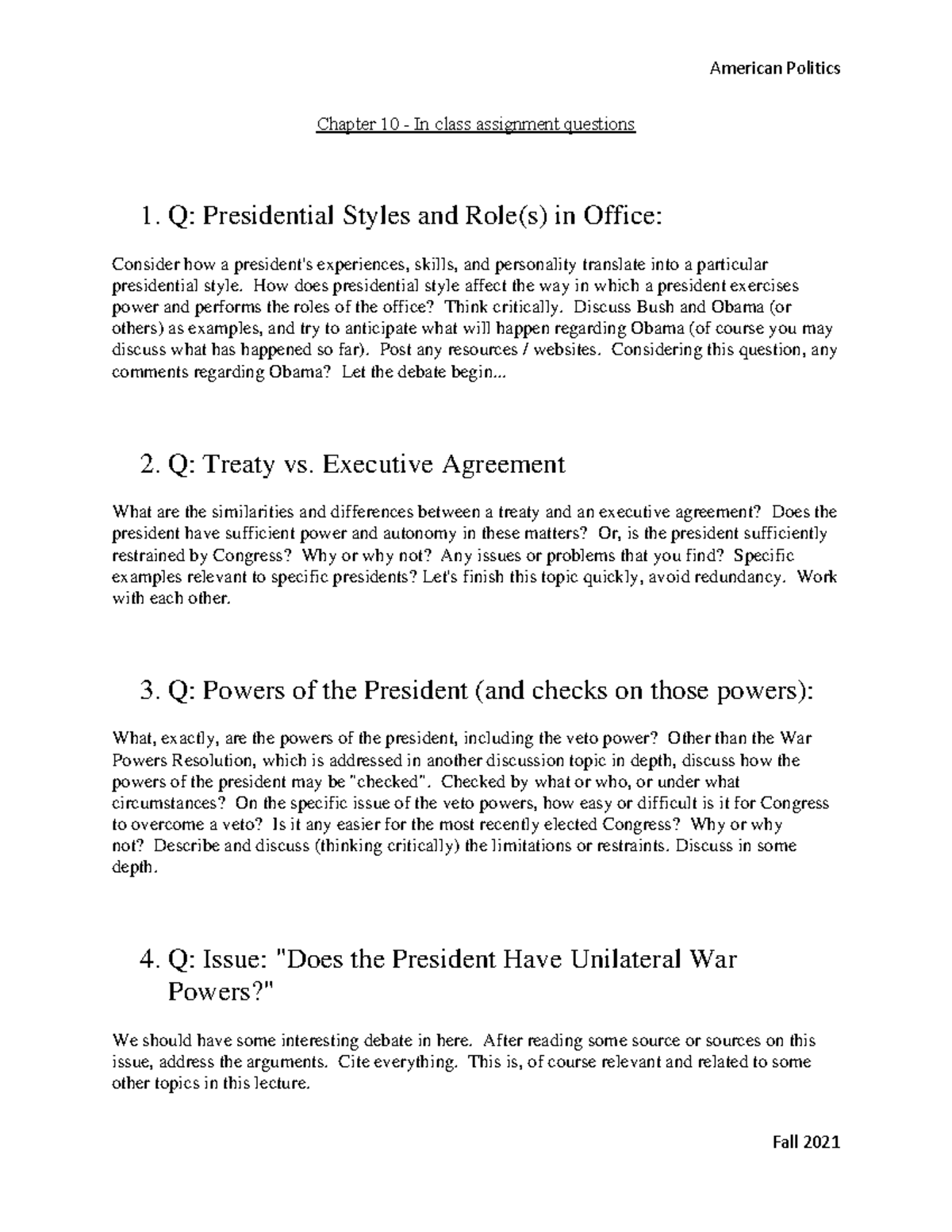 Chapter 10 - In class assignment questions - PSC 101 - CSN - Studocu